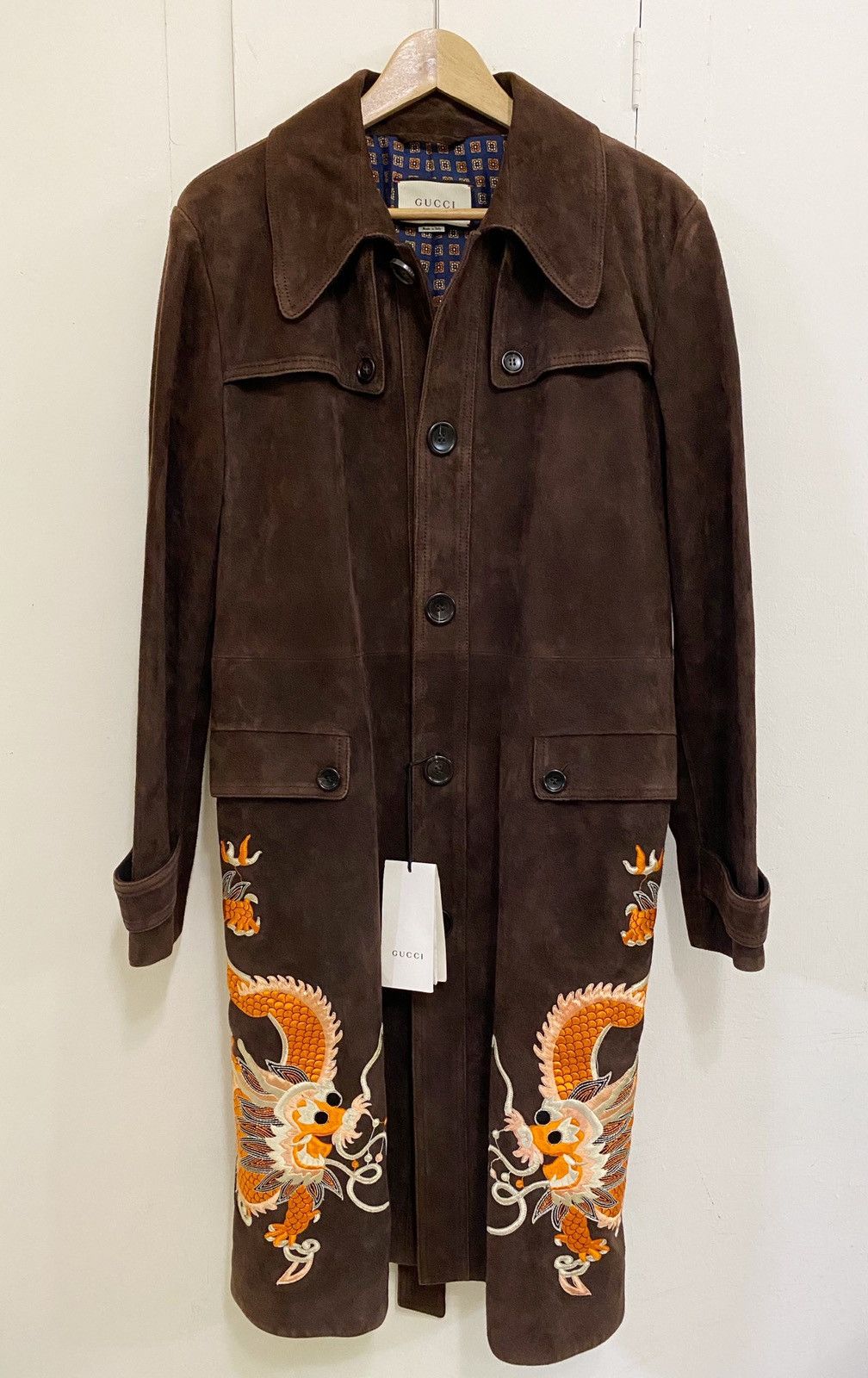 Gucci $8K Goat Suede Dragon Embroidered Brown Trench Coat | Grailed