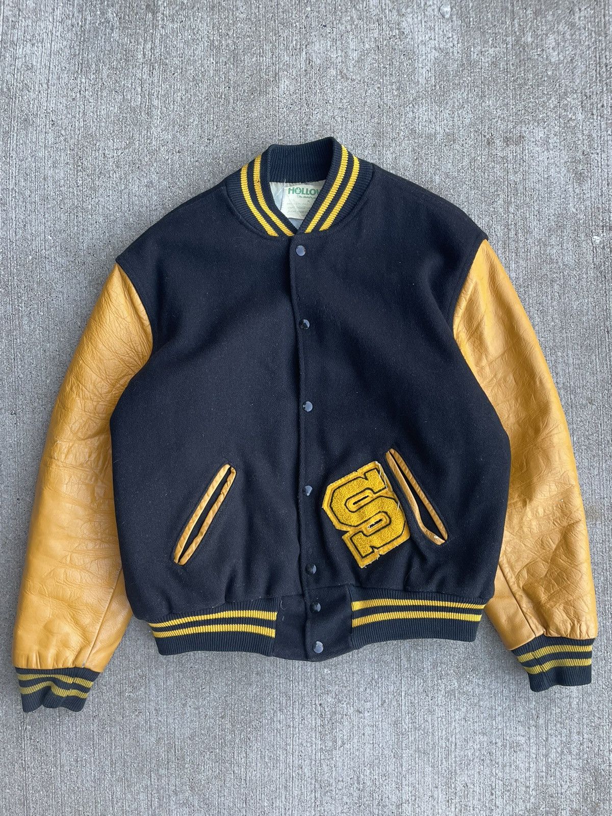 Leather Jacket × Varsity Jacket × Vintage Vintage Black / Yellow ...
