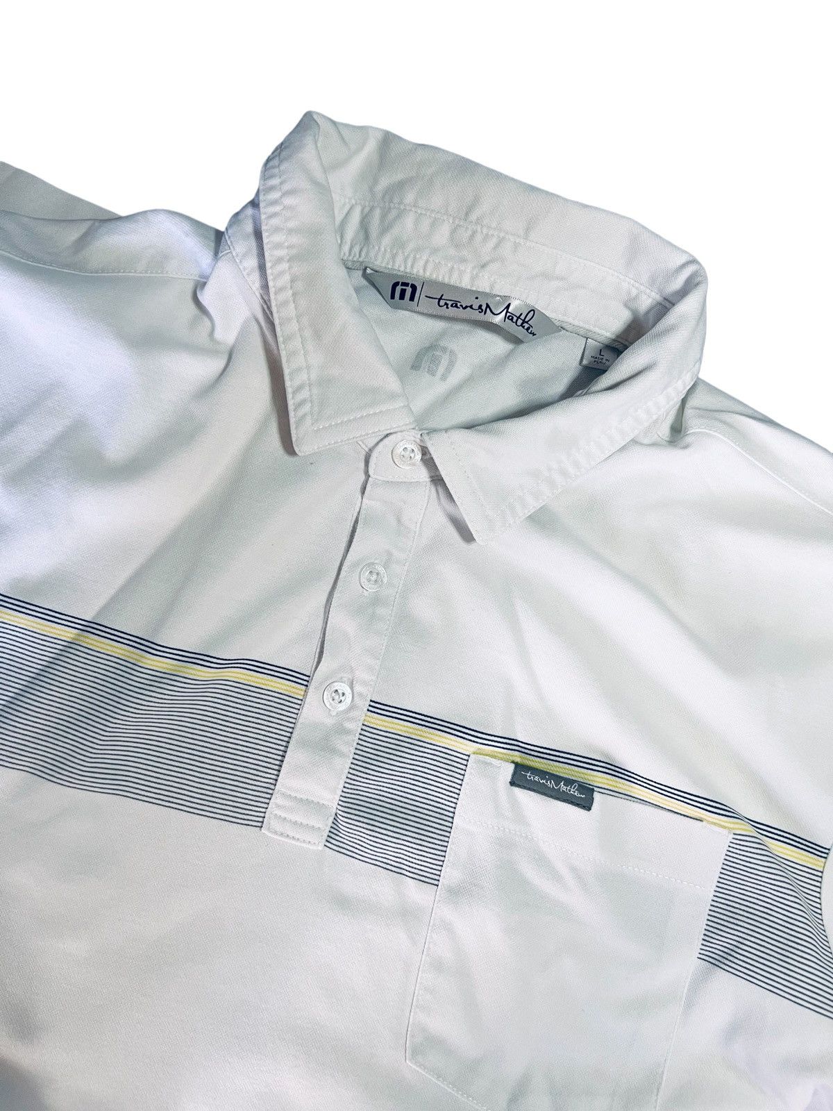 Travis Mathew Travis Mathew white yellow grey gold polo short sleeve ...
