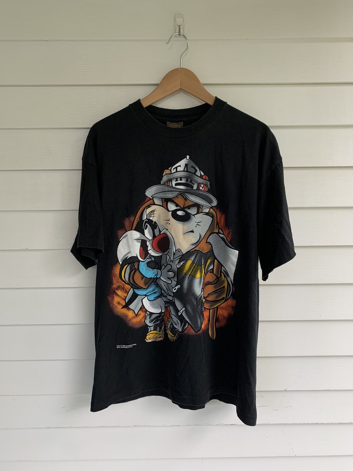 Vintage Vintage looney tunes firefighter Taz double sided shirt | Grailed