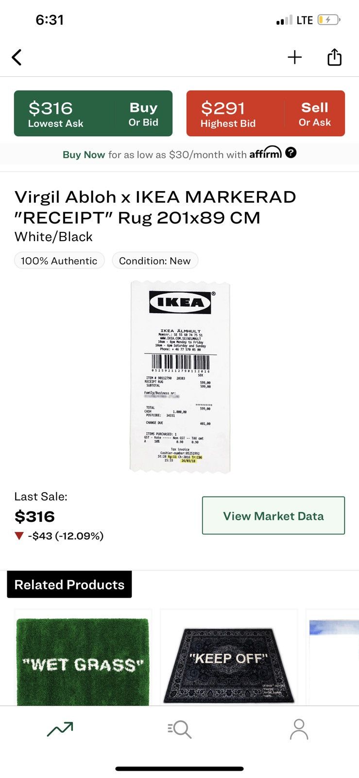 Ikea × Virgil Abloh Virgil Abloh x IKEA MARKREAD “RECEIPT” Rug | Grailed