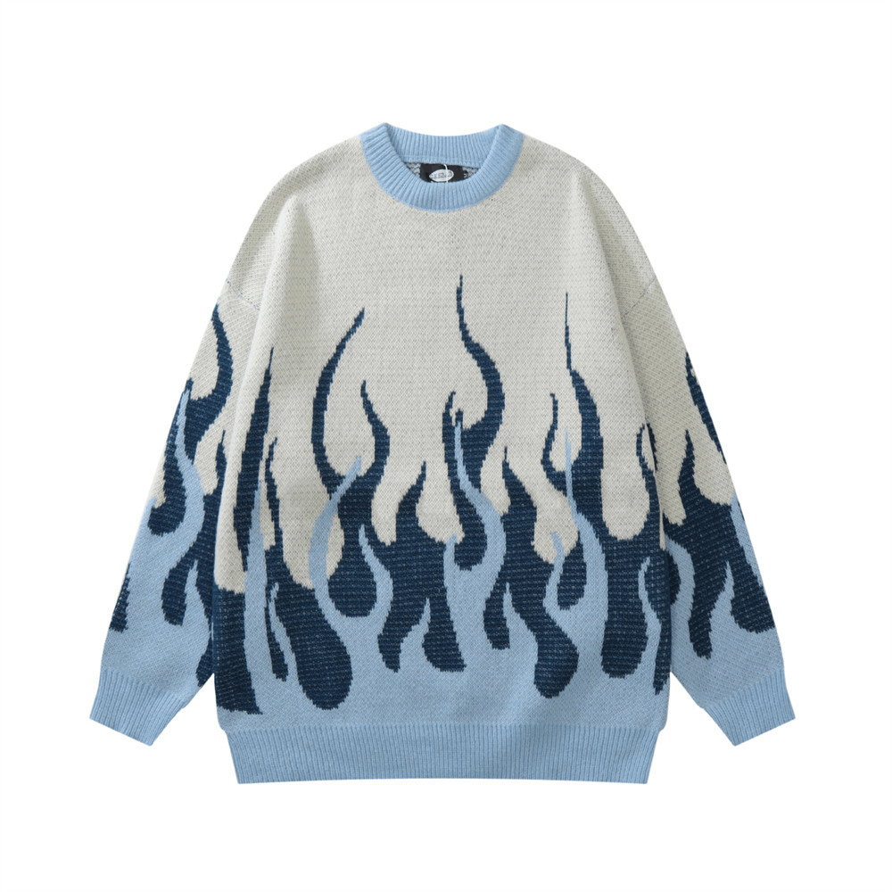 Coloured Cable Knit Sweater × Streetwear Fire Flame Graphic Blue Knit ...