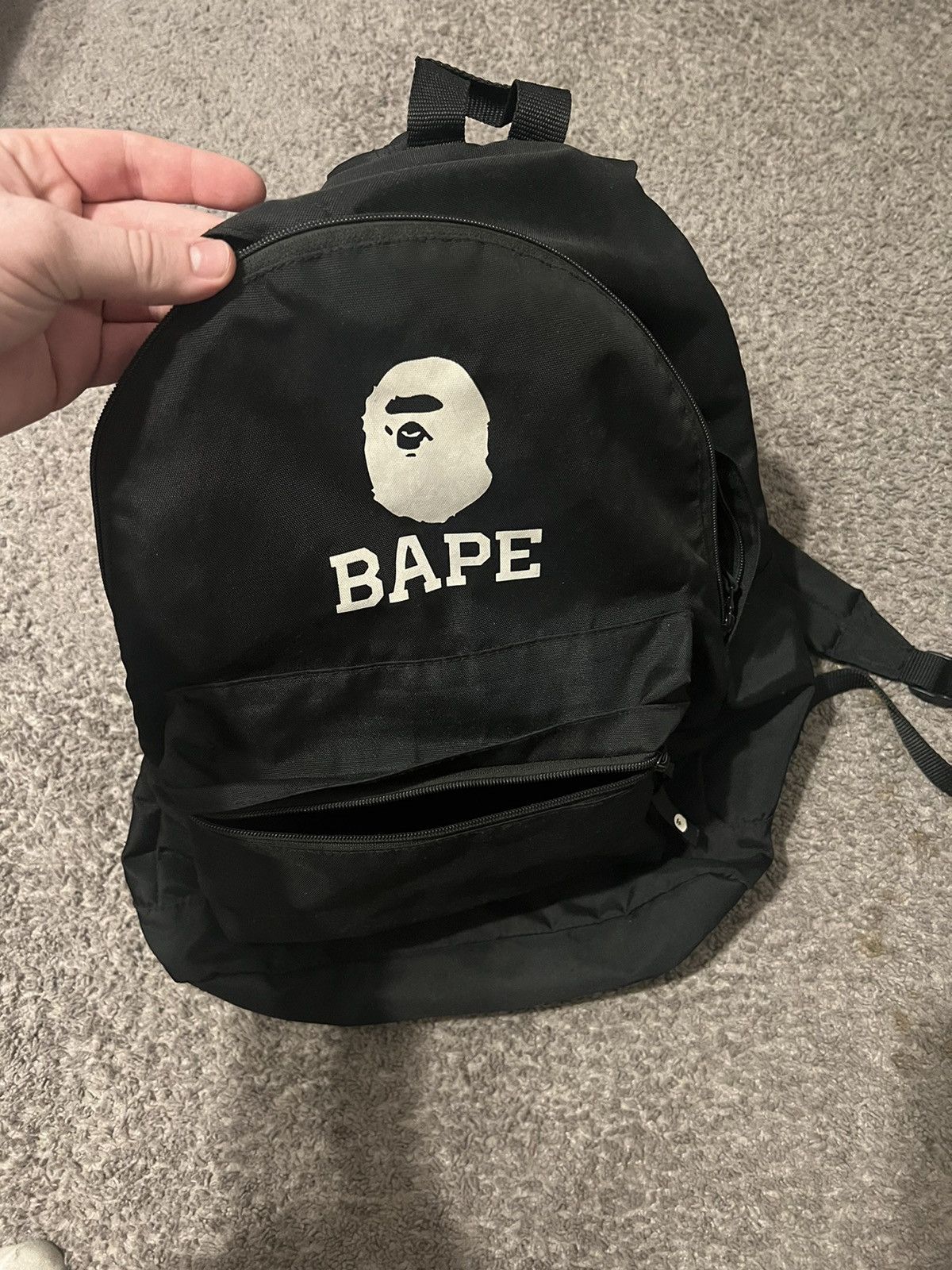 Bape A BATHING APE BAPE HEAD LOGO BLACK WHITE BACKPACK BOOKBAG -1 | Grailed