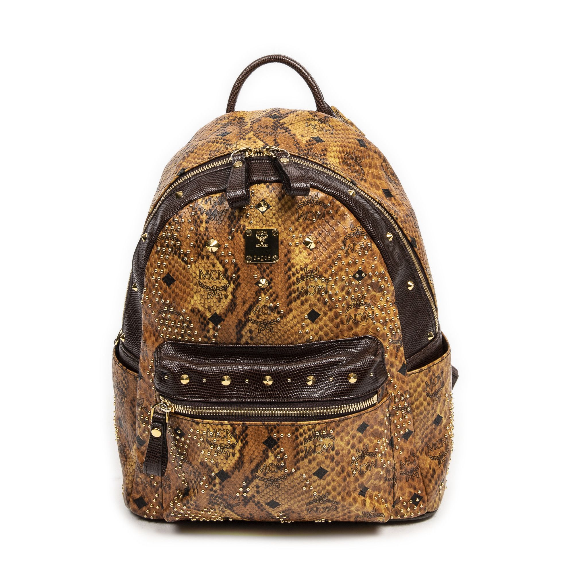 MCM Small Stark Studded Backpack in Cognac Python Embossed Visetos ...