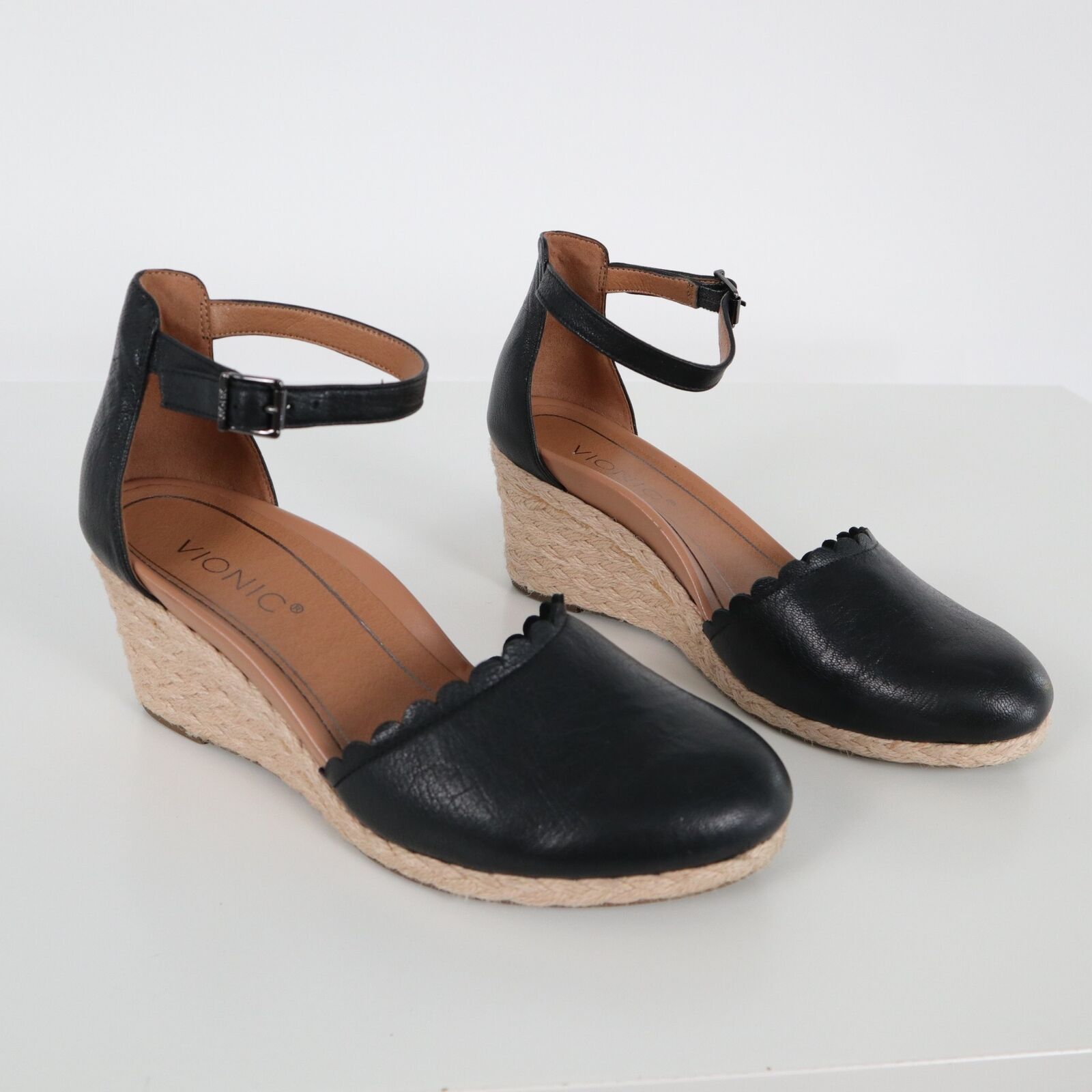 Vintage Vionic Espadrille Wedge Heel Anna Womens 8 Black Leather Ankle ...