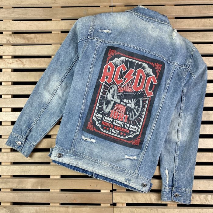 Band Tees Men’s Custom Denim Bomber Jacket Ac/Dc Big Print Size XL ...
