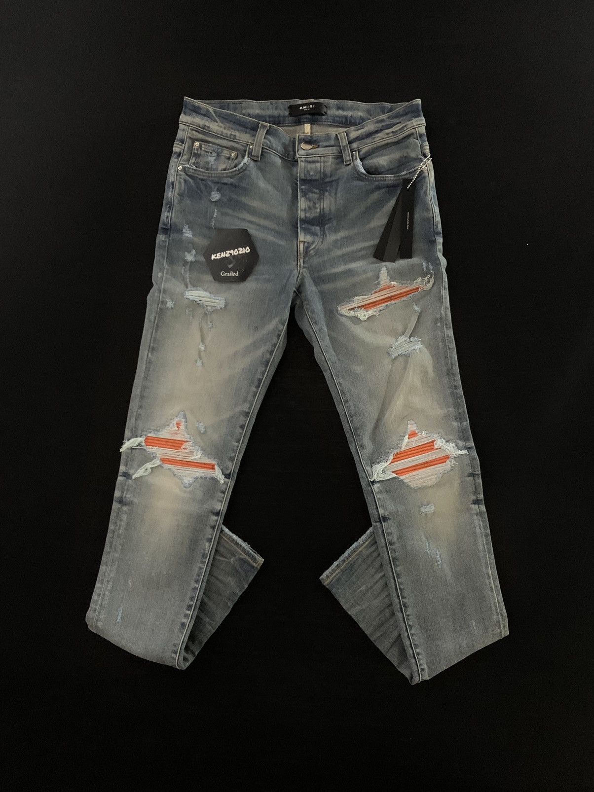 Amiri Amiri Blue MX1 Cracked Orange Leather Denim Jeans | Grailed