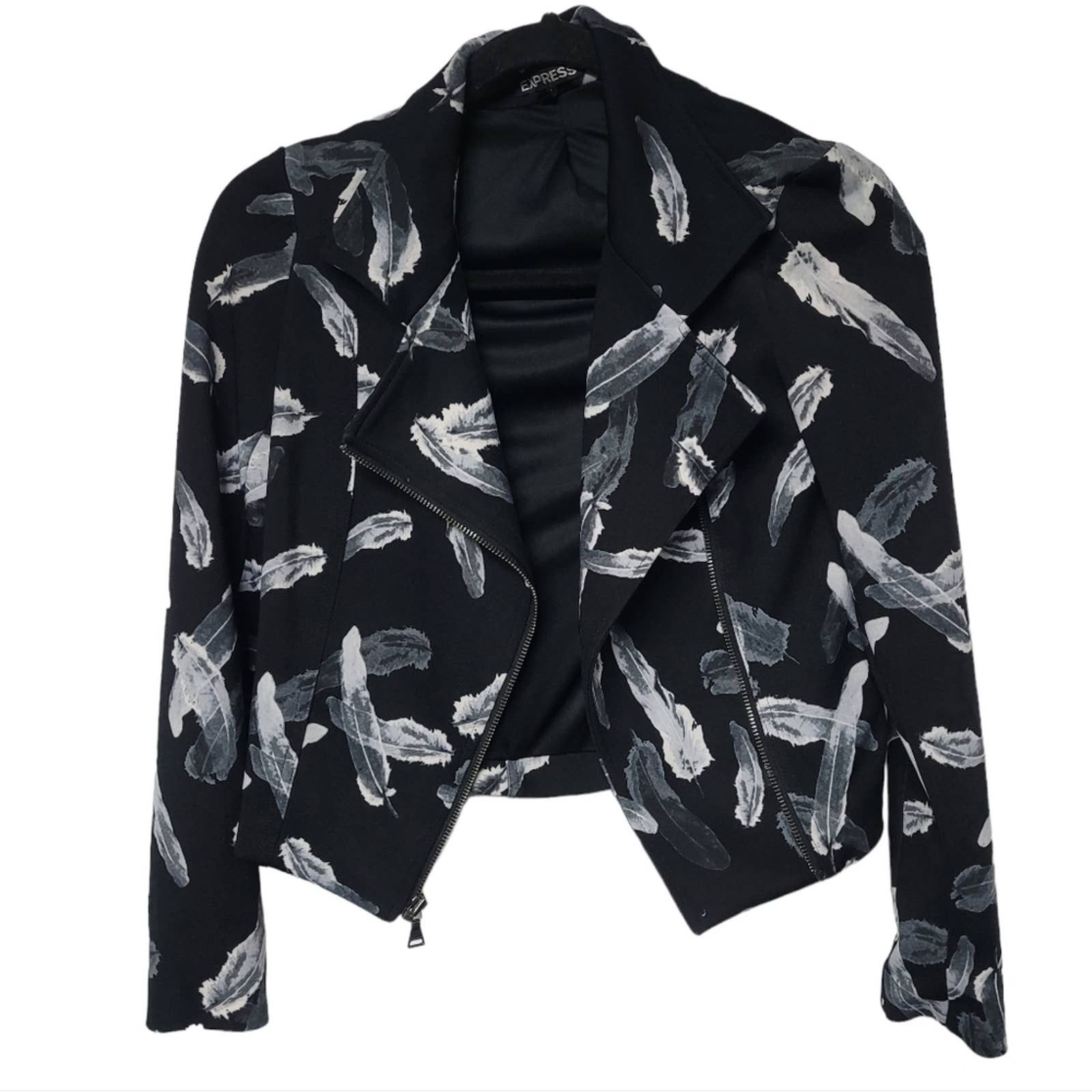 Express EXPRESS FEATHER PRINT moto jacket black white art to wear XS ...