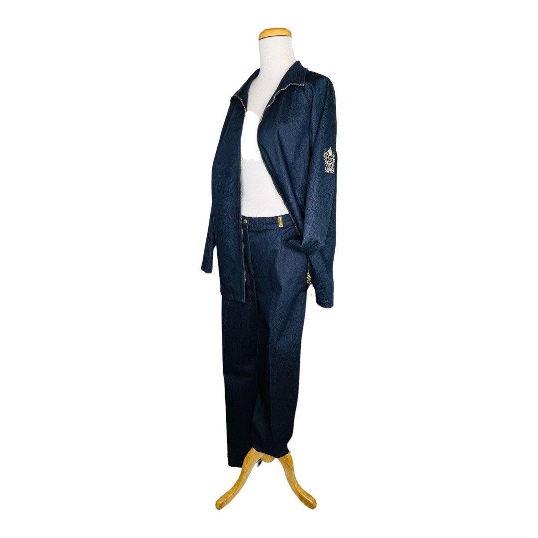 Designer St John Vintage Denim 2 Piece Pant Suit With Crest on Jacket ...