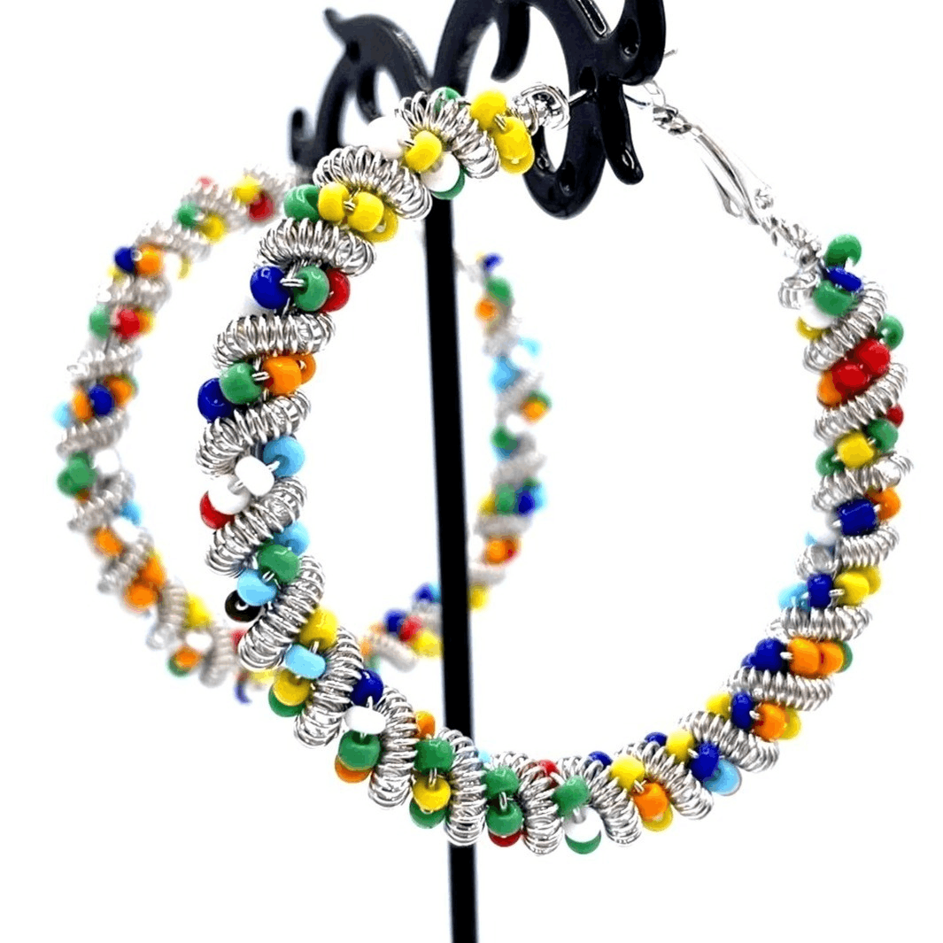 Jewelry Silver Coiled Wire Wrapped Multicolor Beaded Hoop Earrings ...