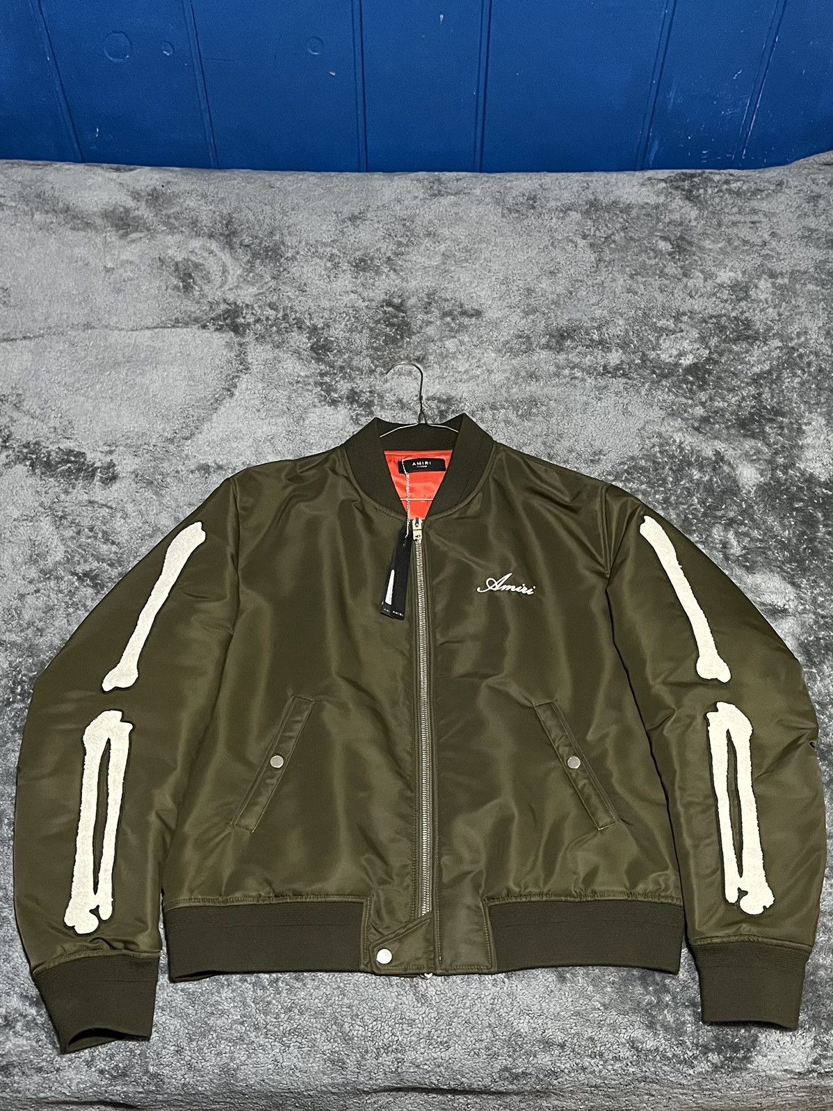 Amiri XXL Amiri Bones Bomber Varsity Jacket Mens Green Orange | Grailed