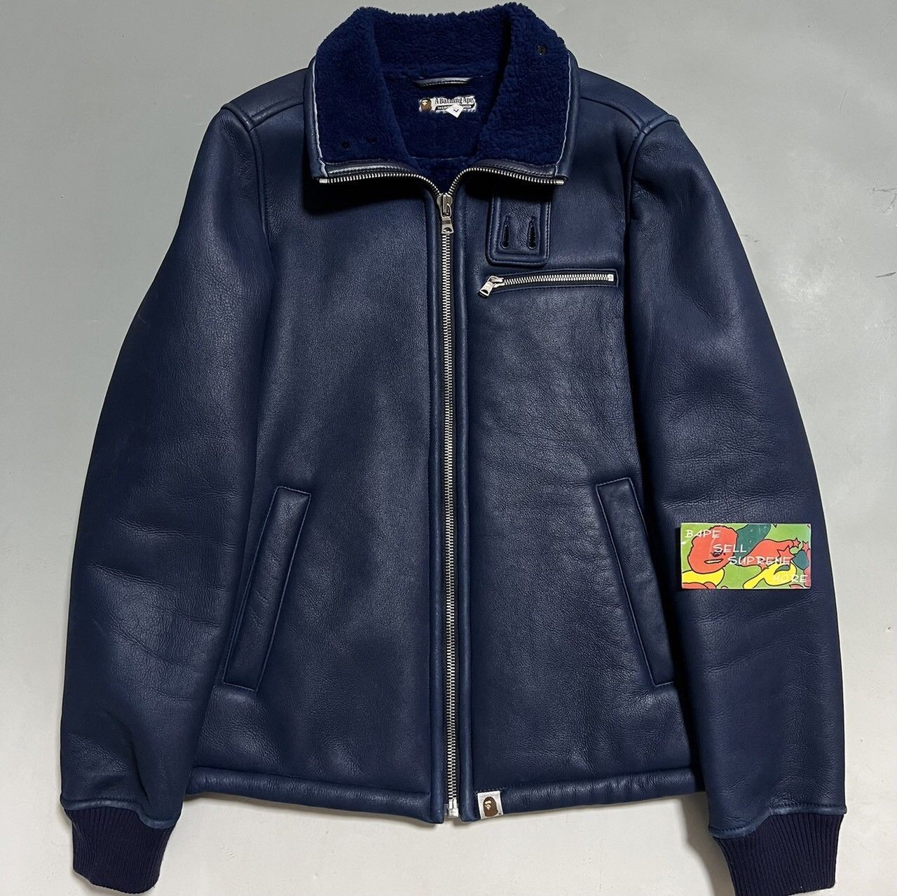 Bape BAPE real mouton leather jacket blue | Grailed