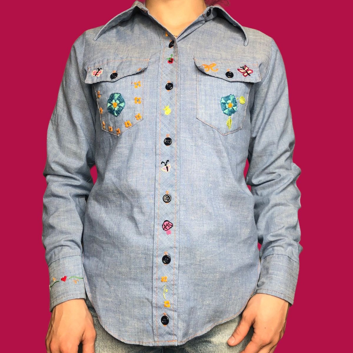 Vintage Vintage 70s Embroidered Rainbow Chambray Collared Shirt | Grailed