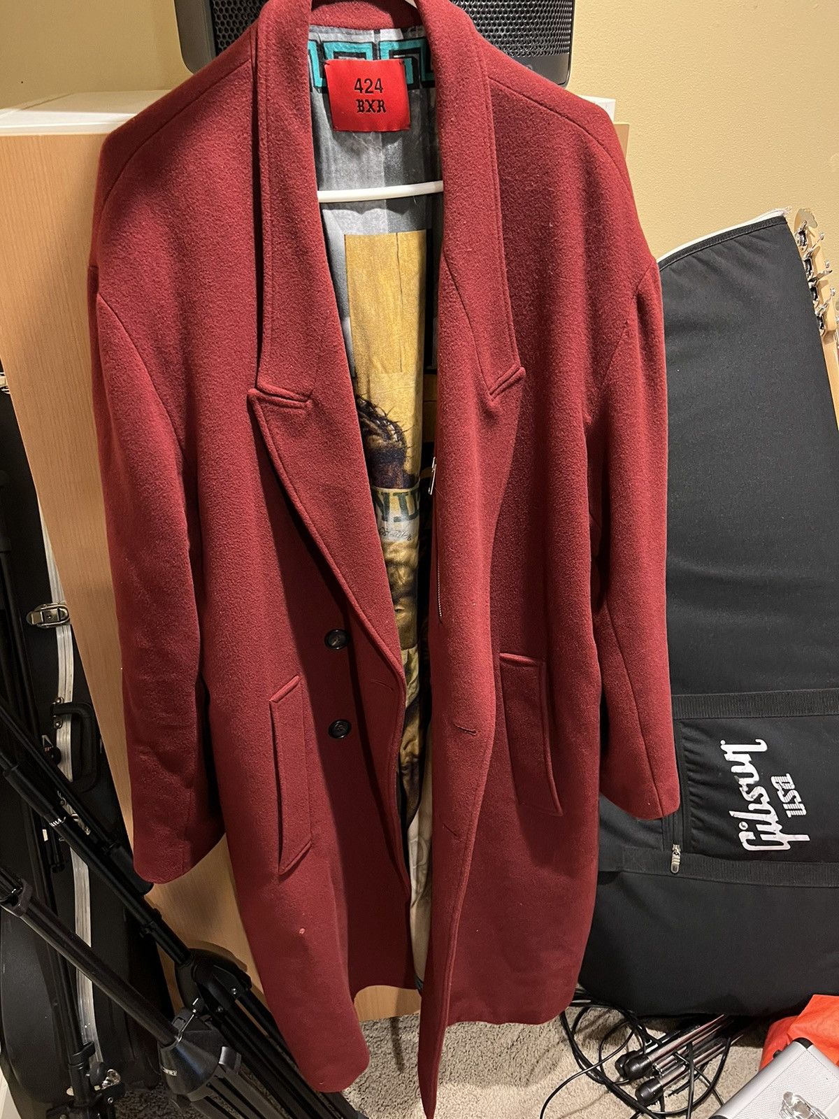 424 On Fairfax Burgundy Overcoat with Jesus lining | Grailed