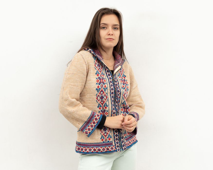 Vintage SABRA Ethnic Wool Hooded Cardigan Sweater Jacket Traditional ...