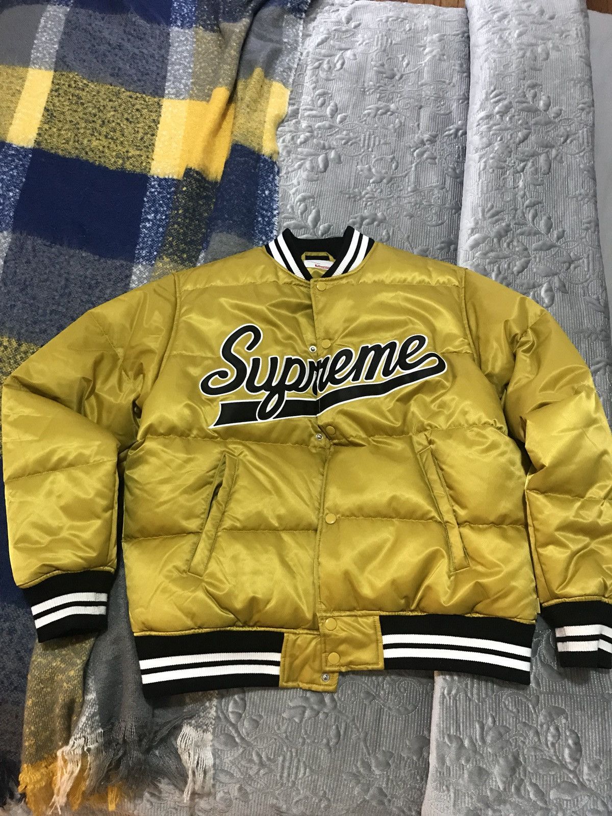 Supreme Script Varsity Puffer Jacket (Gold) | Grailed