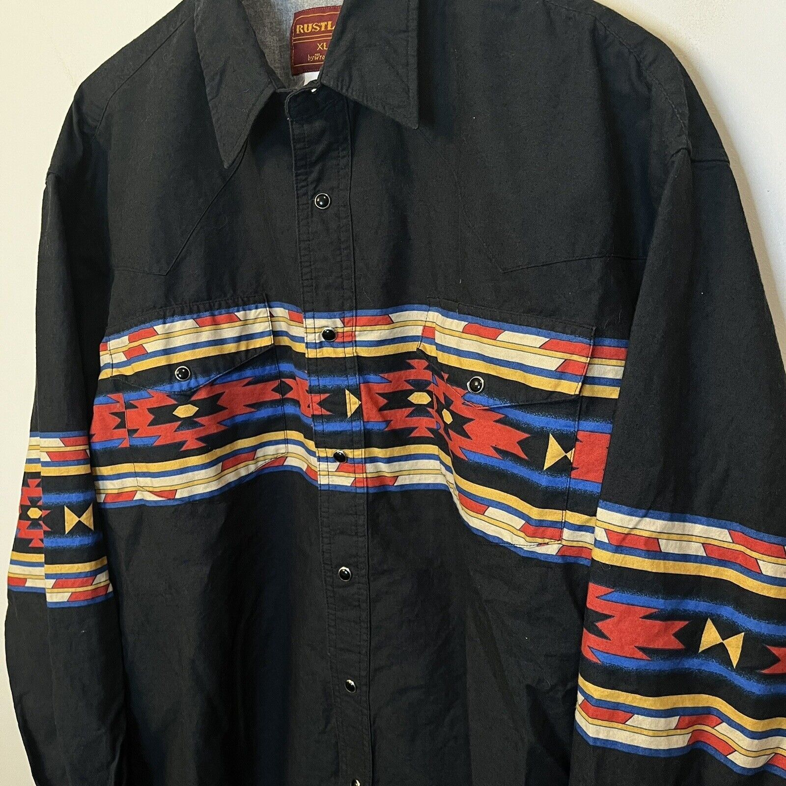 Vintage × Wrangler VTG Rustler Wrangler XL Pearl Snap Western Aztec ...