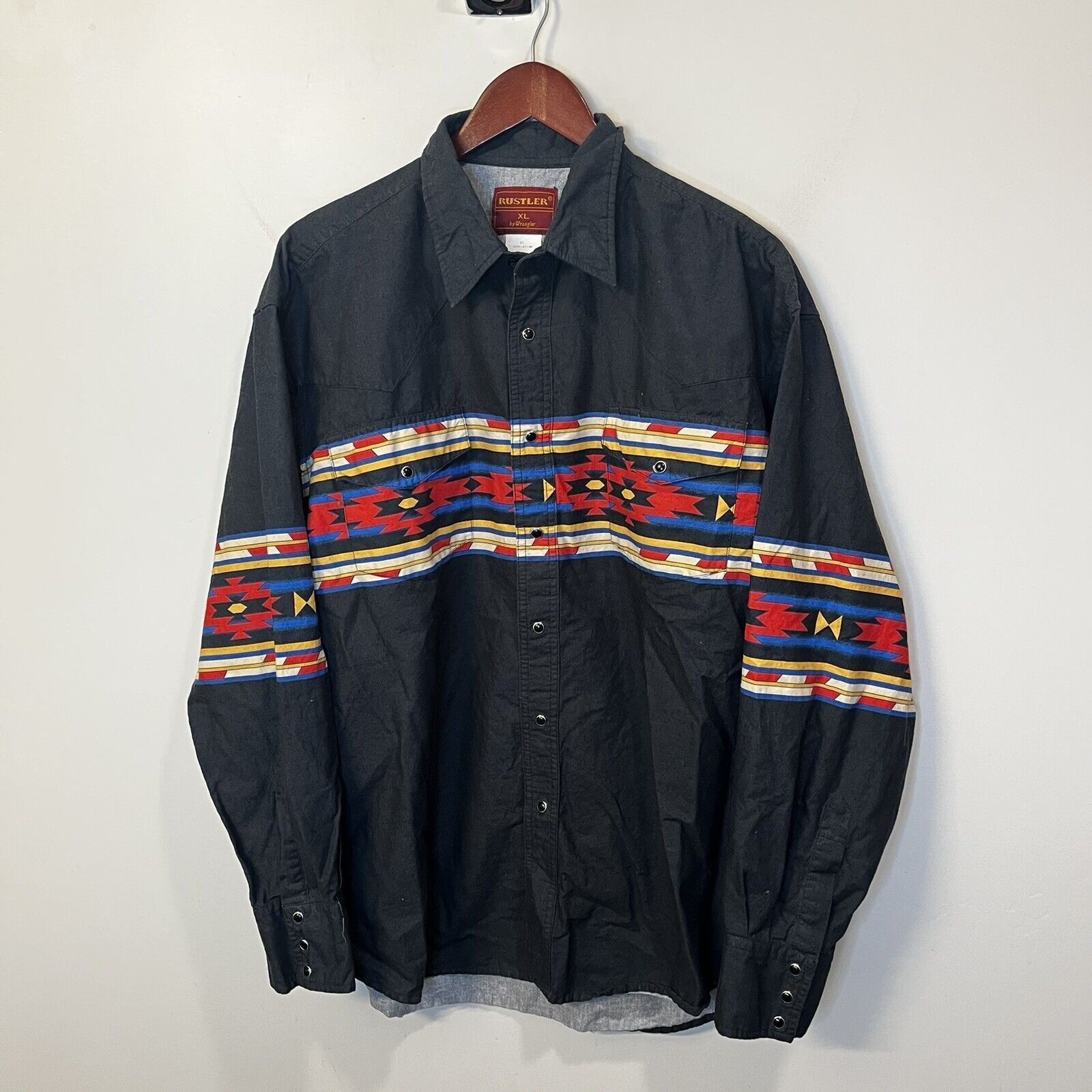 Vintage × Wrangler VTG Rustler Wrangler XL Pearl Snap Western Aztec ...