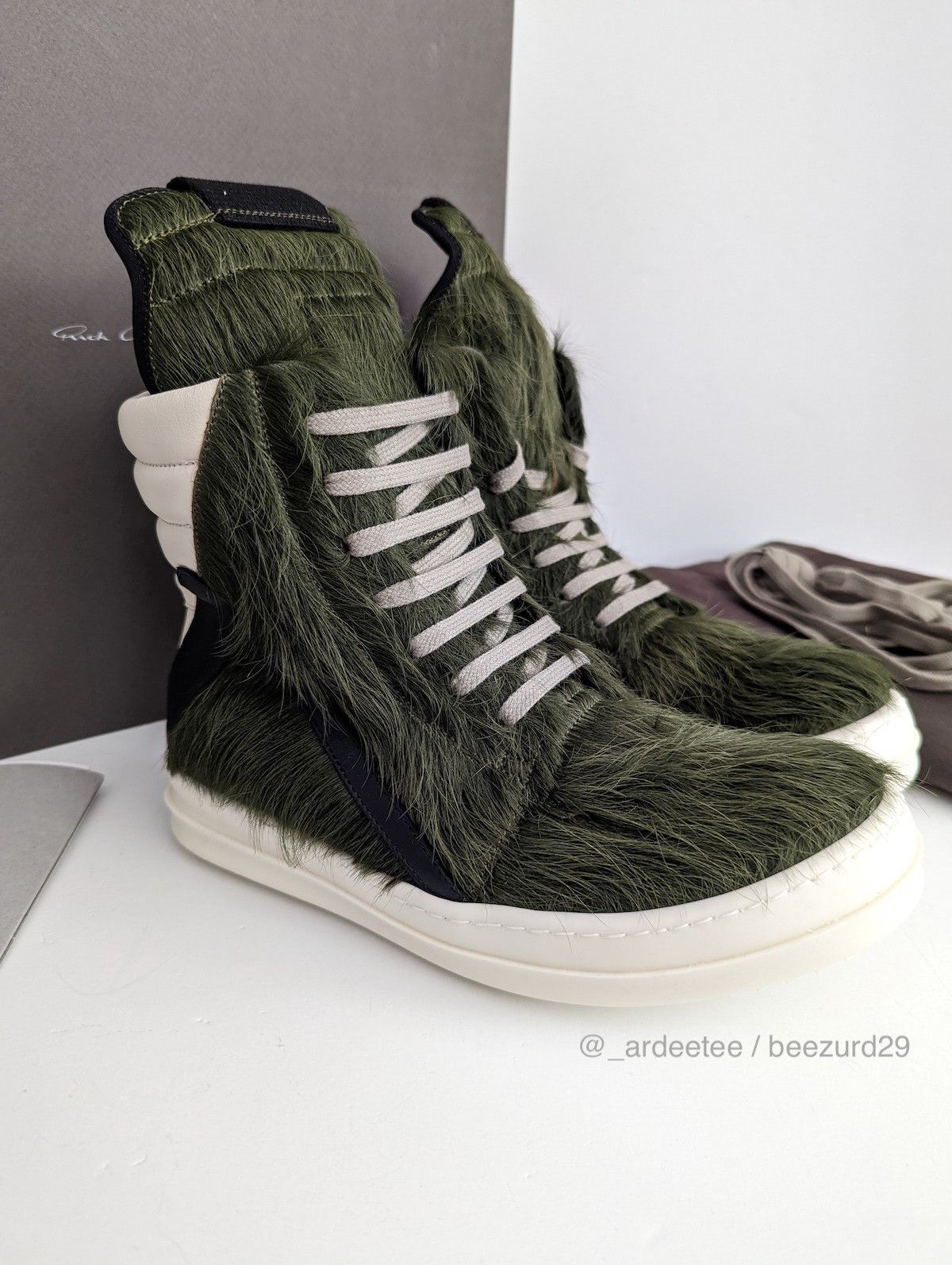 Rick Owens *BNIB* PONY HAIR FUR GRINCH GREEN GEOBASKET SNEAKERS | Grailed