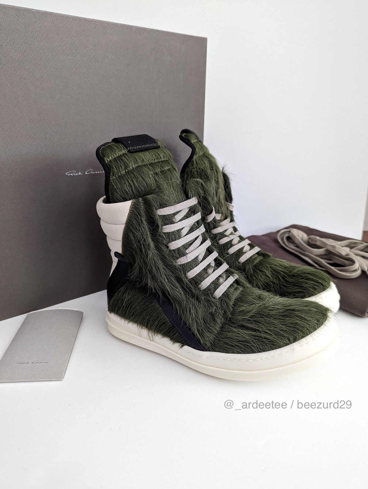 Rick Owens *BNIB* PONY HAIR FUR GRINCH GREEN GEOBASKET SNEAKERS | Grailed