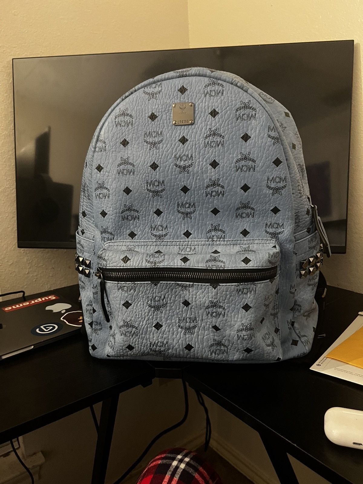 MCM MCM Light Blue Monogram Visetos Stark Side Stud Backpack | Grailed