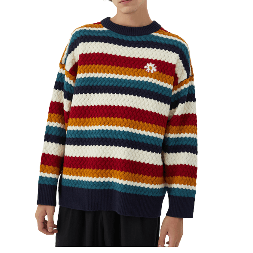 Coloured Cable Knit Sweater × Streetwear Daisy Patch Striped Cable Knit ...