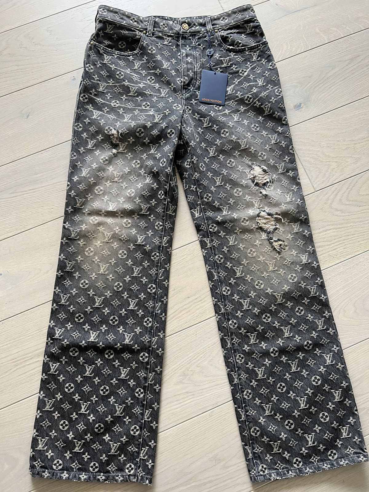 Louis Vuitton NEW FW22 Runway distressed baggy LV monogram jeans | Grailed