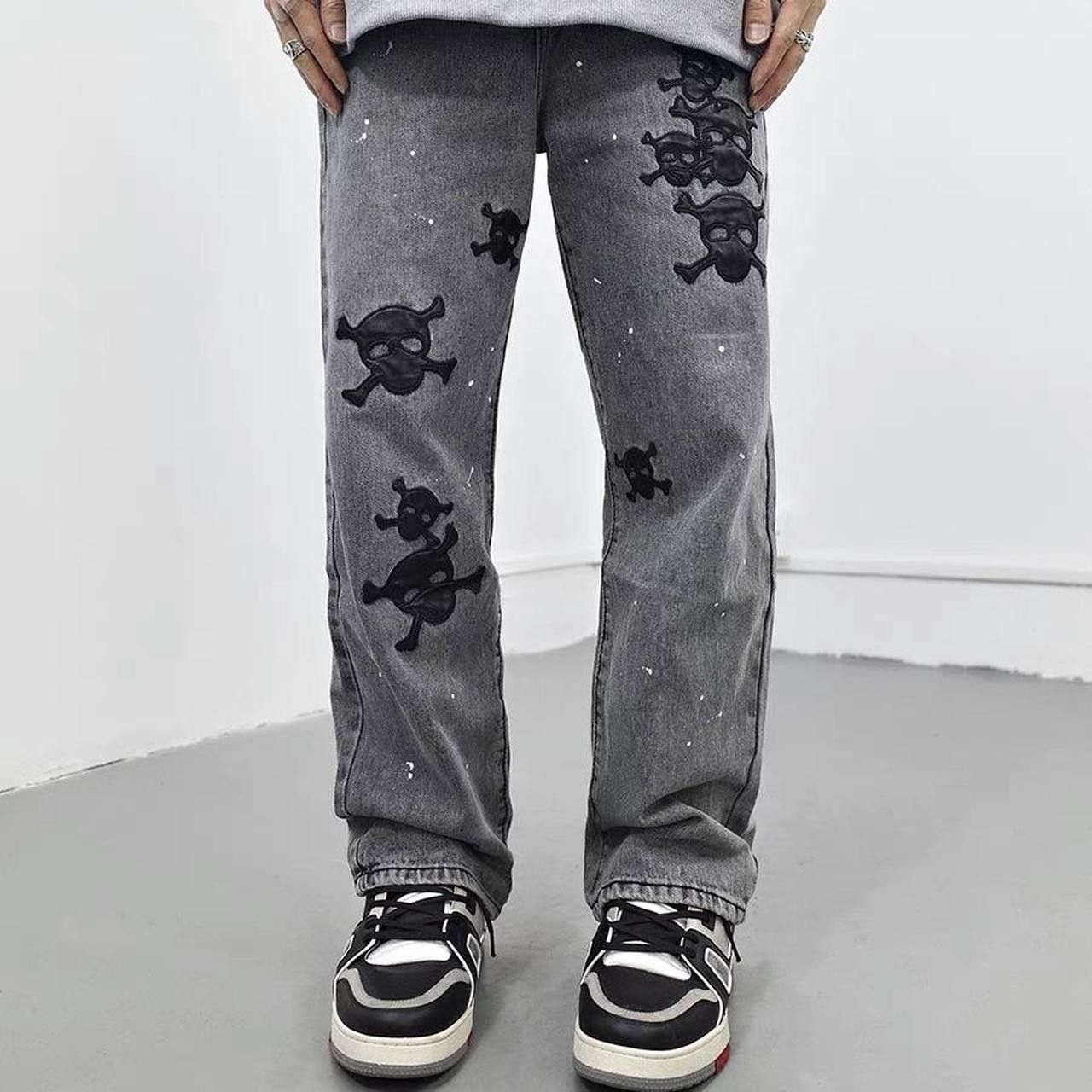 Jean × Streetwear Pirate Skull Patch Baggy Straight Blue Denim Jeans ...