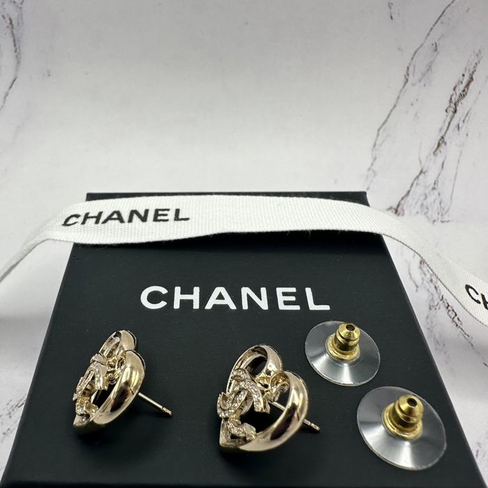 Chanel 23C Gold Crystal CC Logo Heart Stud Earrings | Grailed