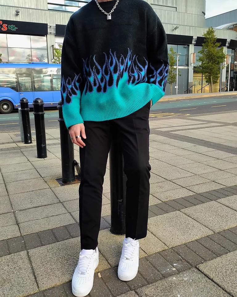 Coloured Cable Knit Sweater × Streetwear Blue Fire Flame Sweater | Grailed