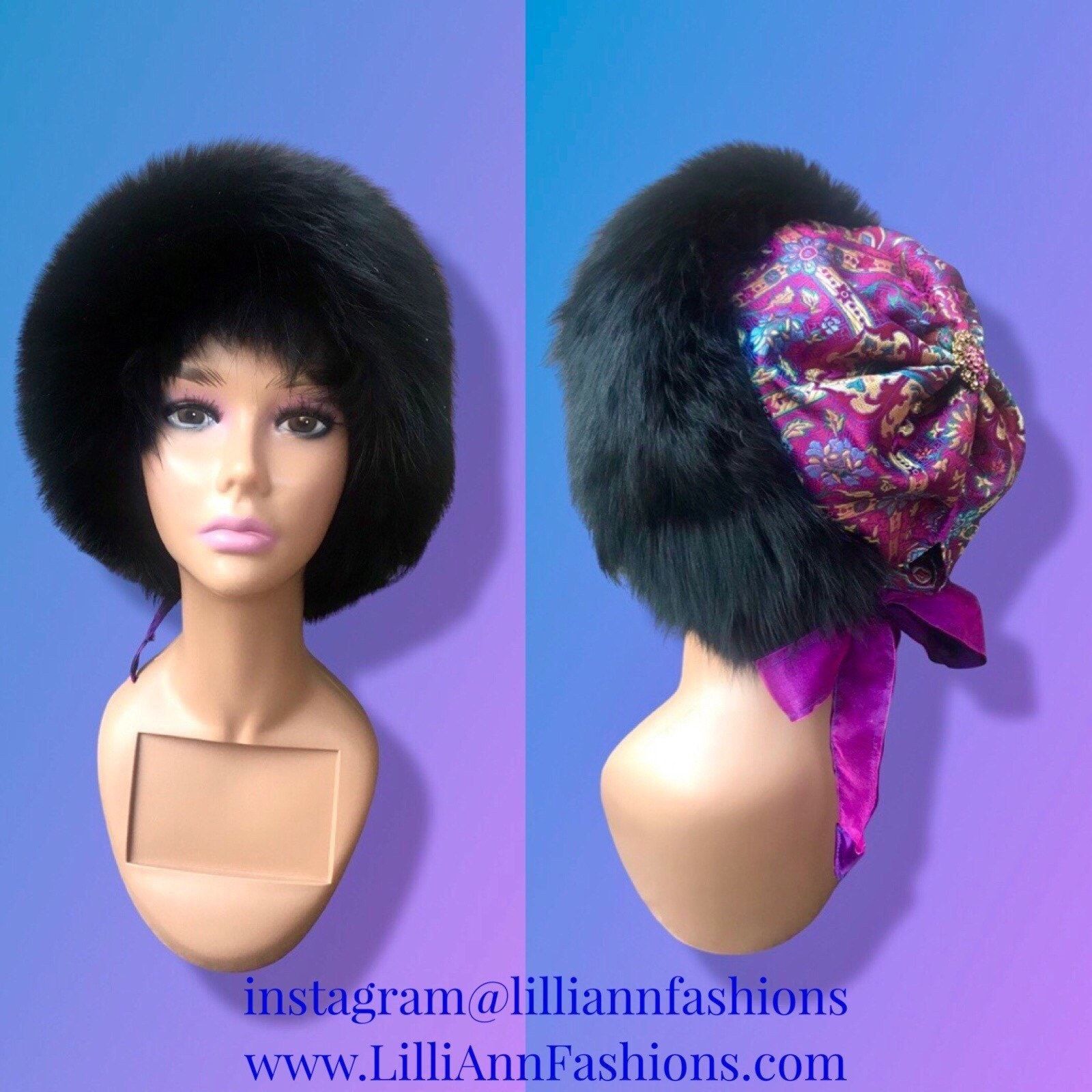 Handmade Himalayan Black Fox Fur Hat with Purple Embroidered Silk and ...