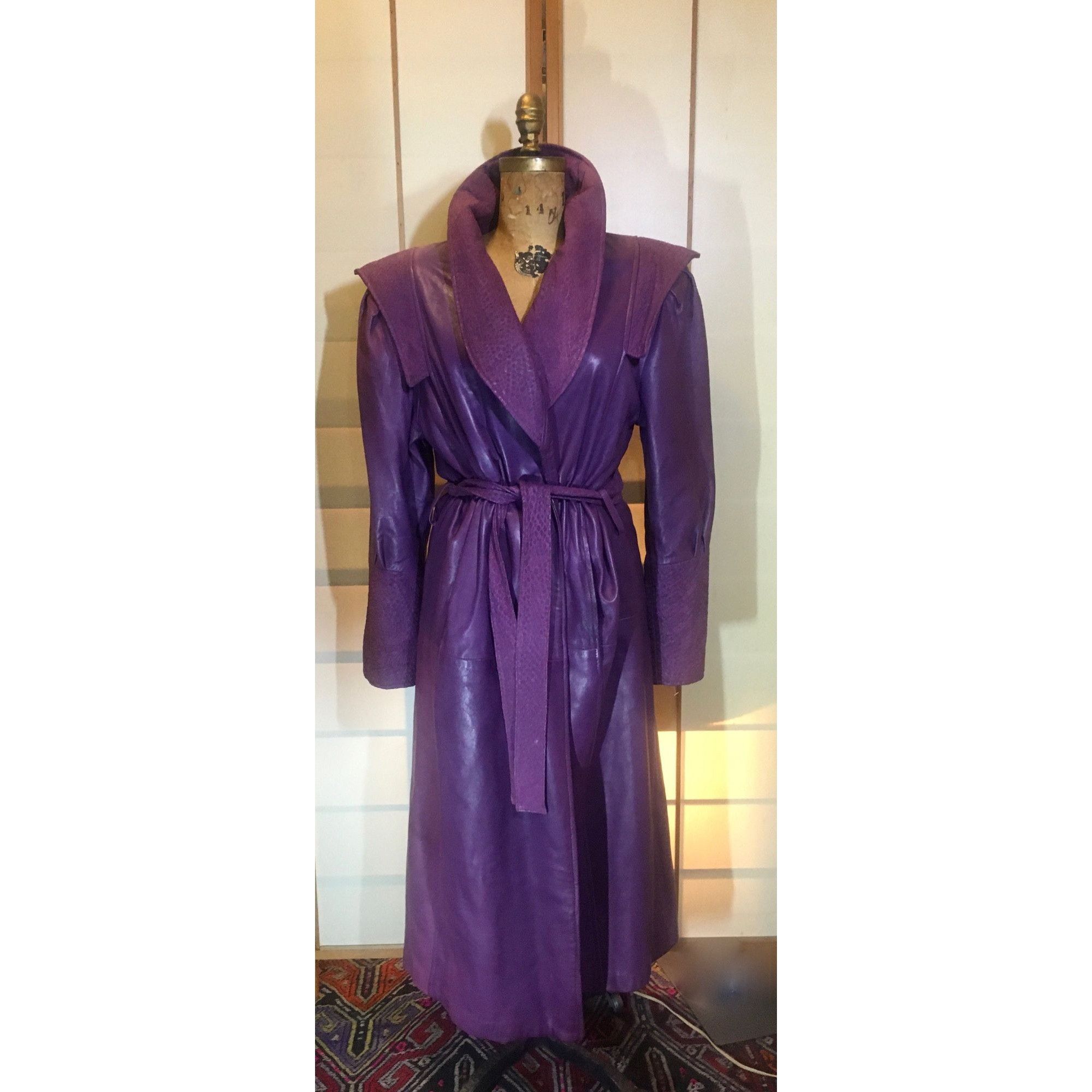 Vintage Glam Couture 70s 80s Purple Leather Full Length Coat Leather ...