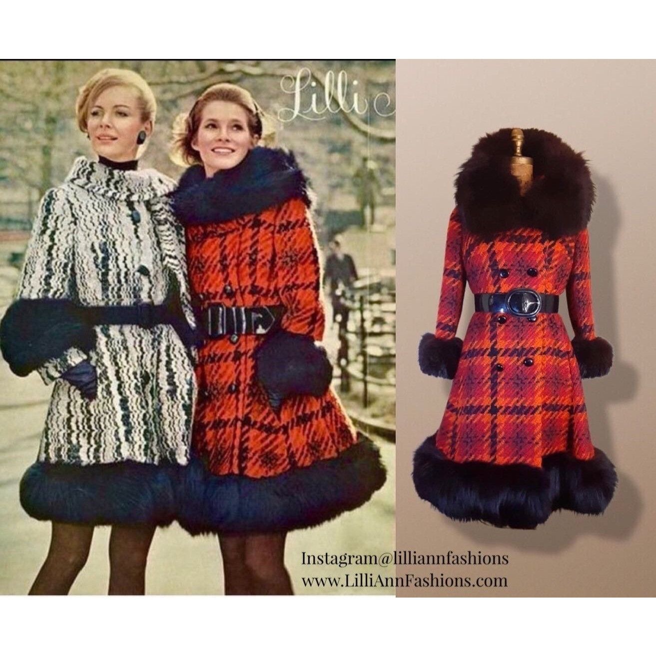 Vintage 60’s Scottish Knit Plaid Wool Red LIlli Ann Coat with Black ...
