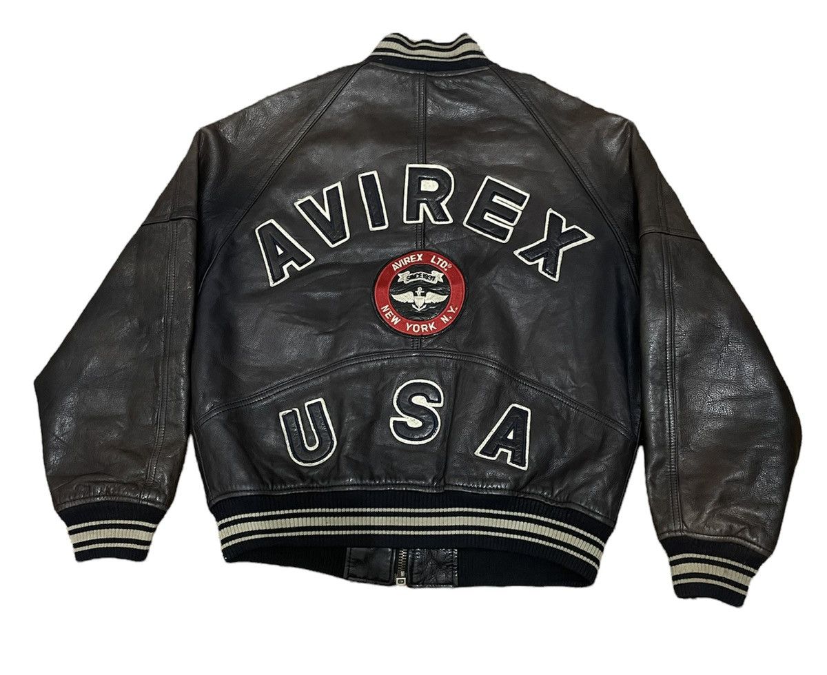 Avirex × Avirex Varsity Jacket × Vintage Vintage Avirex USA Big Spellout Varsity Leather Jacket ...