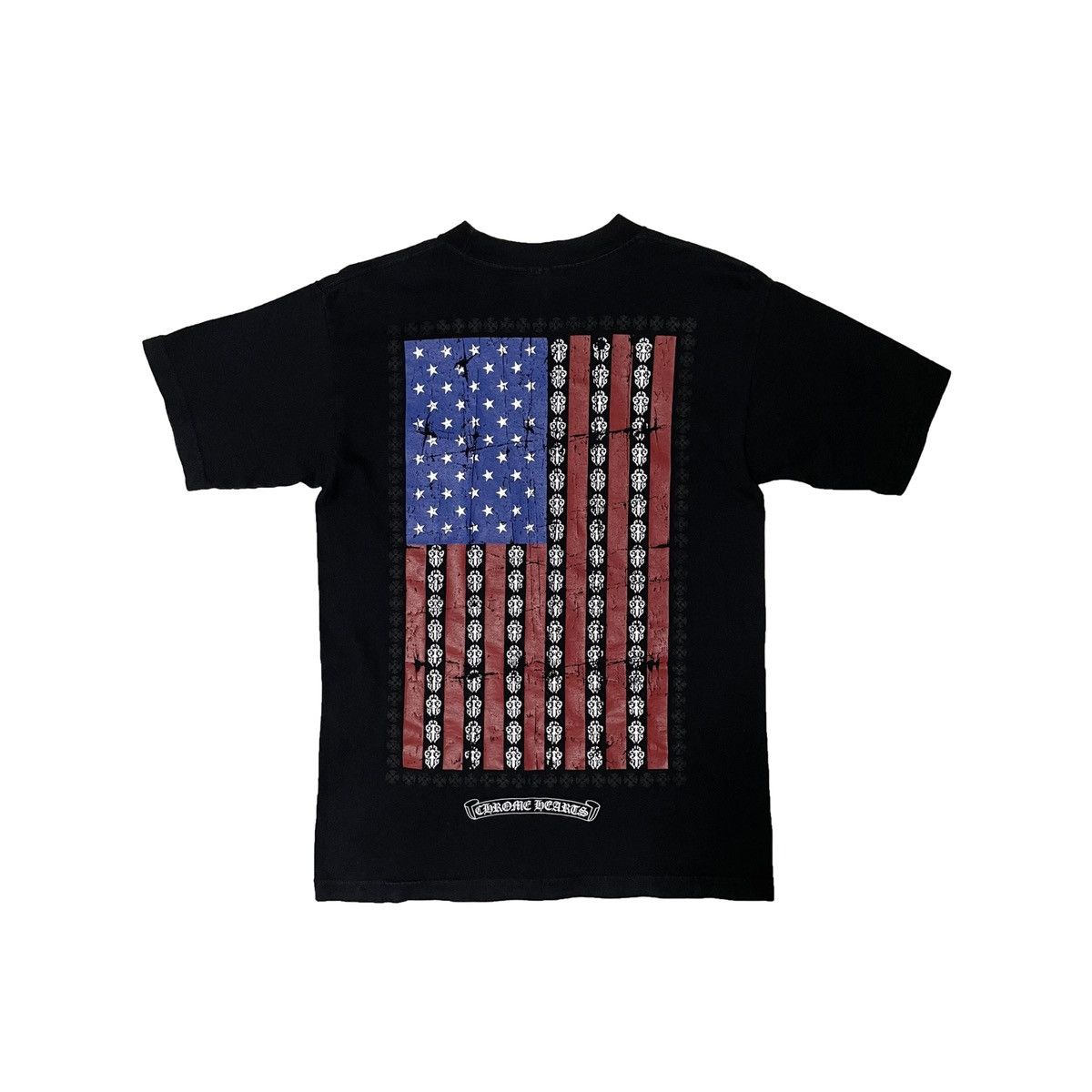 Chrome Hearts CHROME HEARTS USA FLAG CROSS DAGGER SCROLL POCKET TEE ...