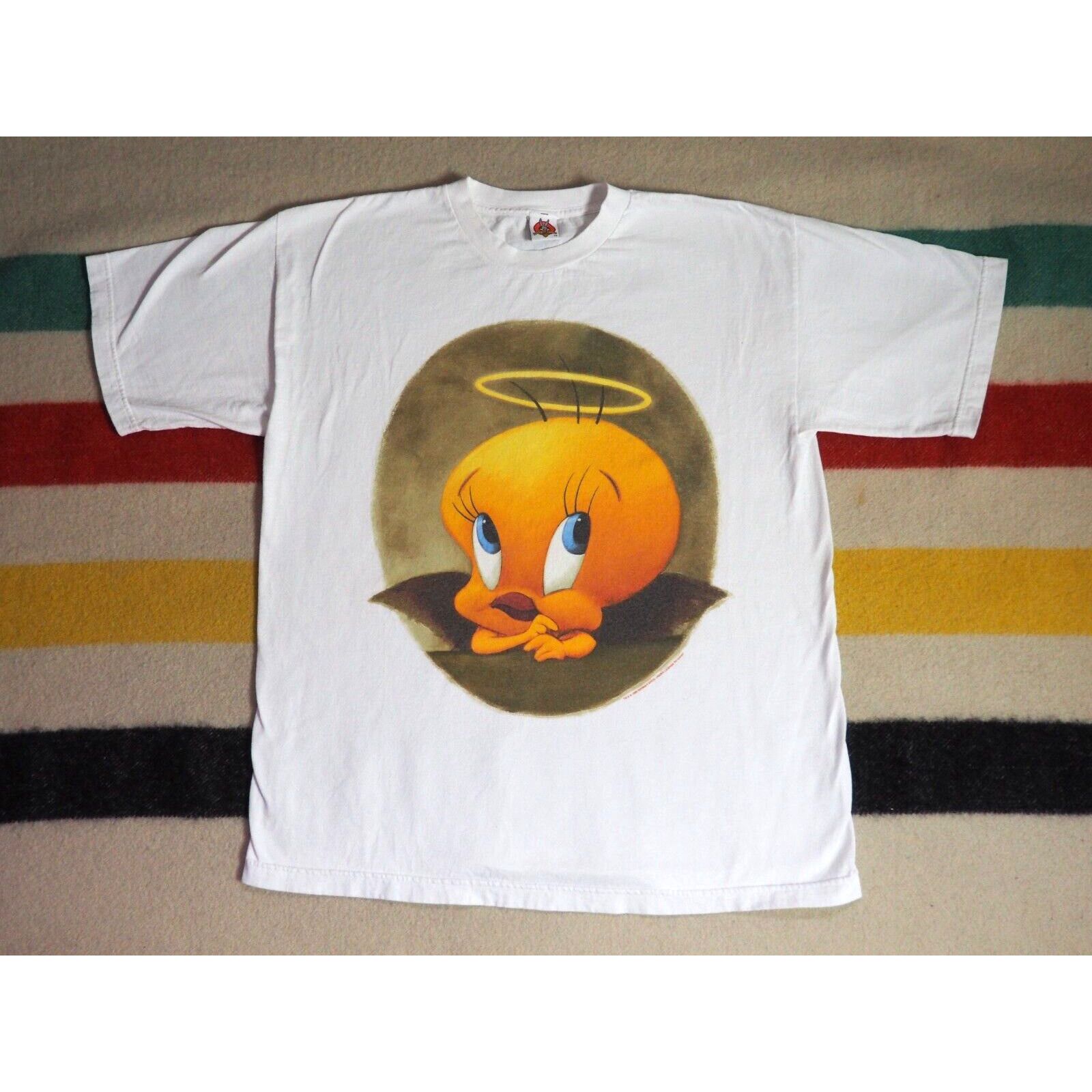 Vintage VTG 90s Looney Tunes Tweety Angel Giant Art Cartoon White Tee T ...
