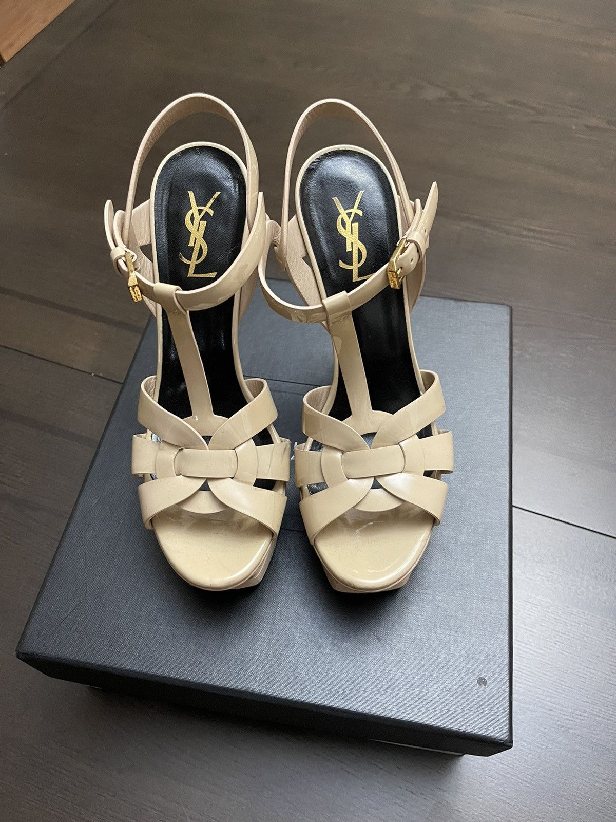 Yves Saint Laurent YSL Nude Tribute Patent Leather Platform Sandals ...