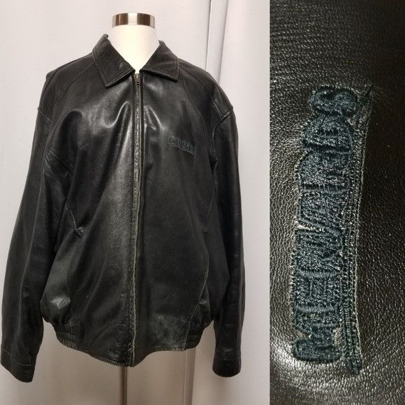Vintage Vintage 90s y2k Black Leather Menards Logo Work Coat Bomber ...