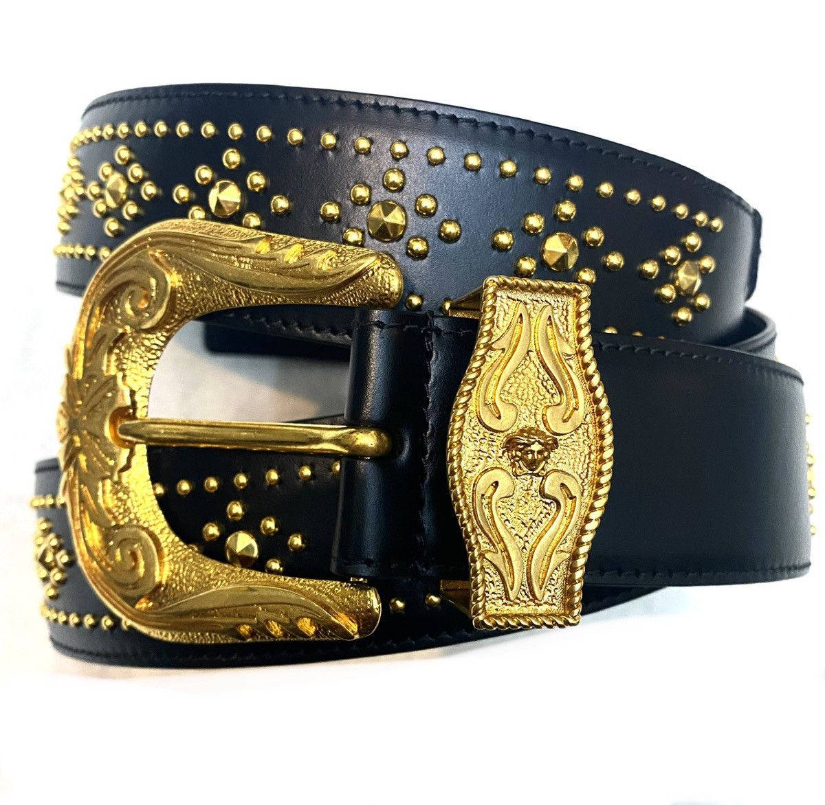Versace Versace Cowboy style black belt golden metal studs & buckle ...