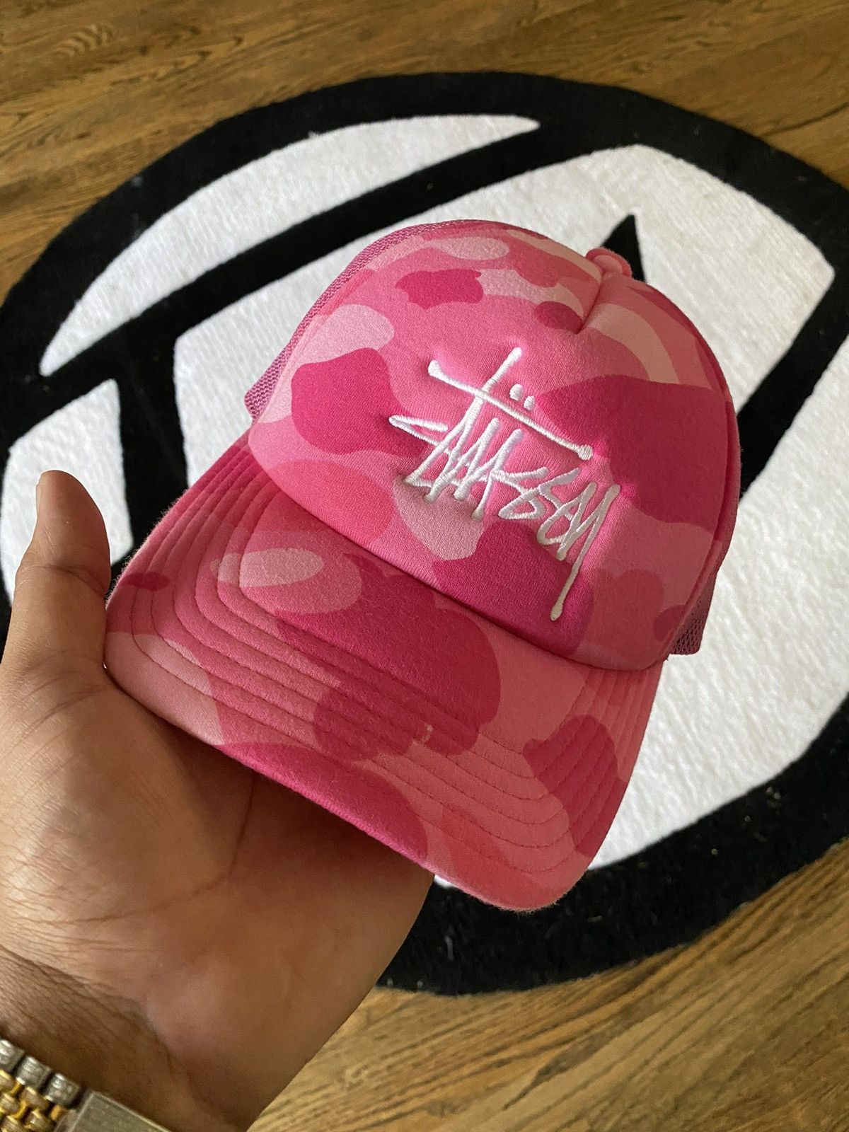 Bape × Stussy A BATHING APE BAPE X STUSSY PINK CAMO TRUCKER SNAPBACK ...
