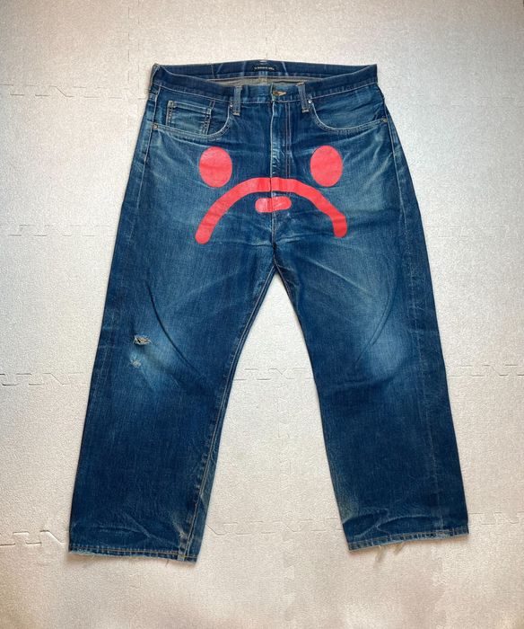 Bape Bape Blue Denim Baby Milo Red Sad Face Logo Size L | Grailed