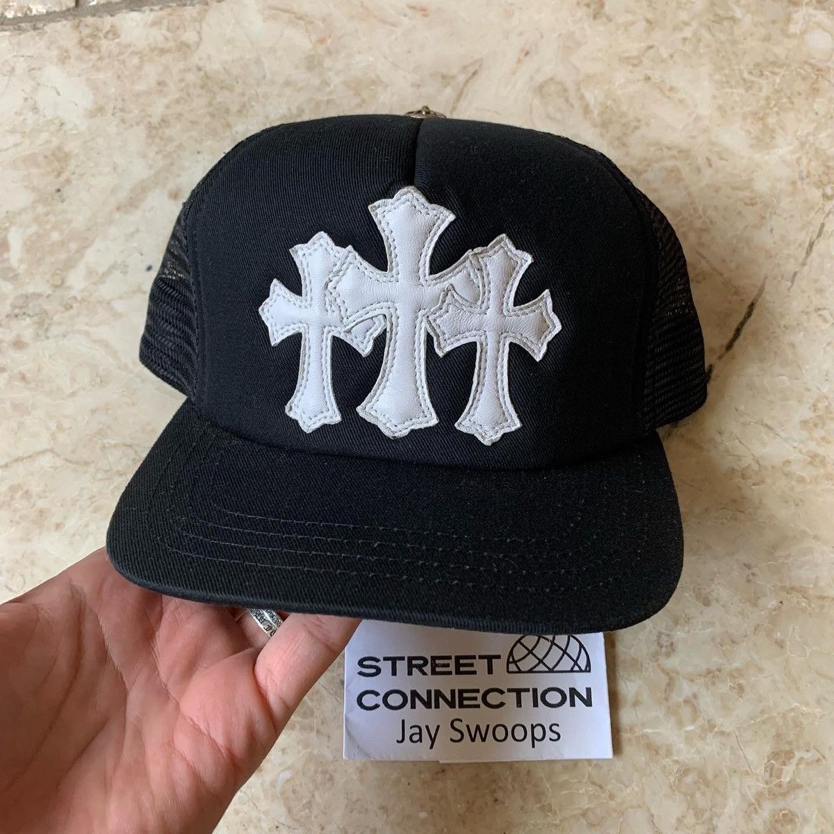 Chrome Hearts CHROME HEARTS CEMETERY TRUCKER HAT BLACK WHITE 3 CROSS CAP | Grailed