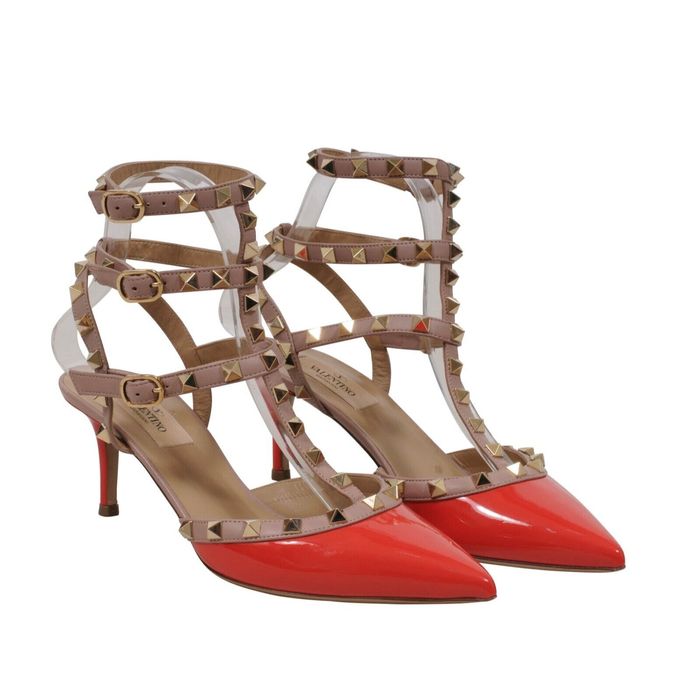 Valentino Red Tan Patent Leather Rockstud Sandals Strappy Heels | Grailed