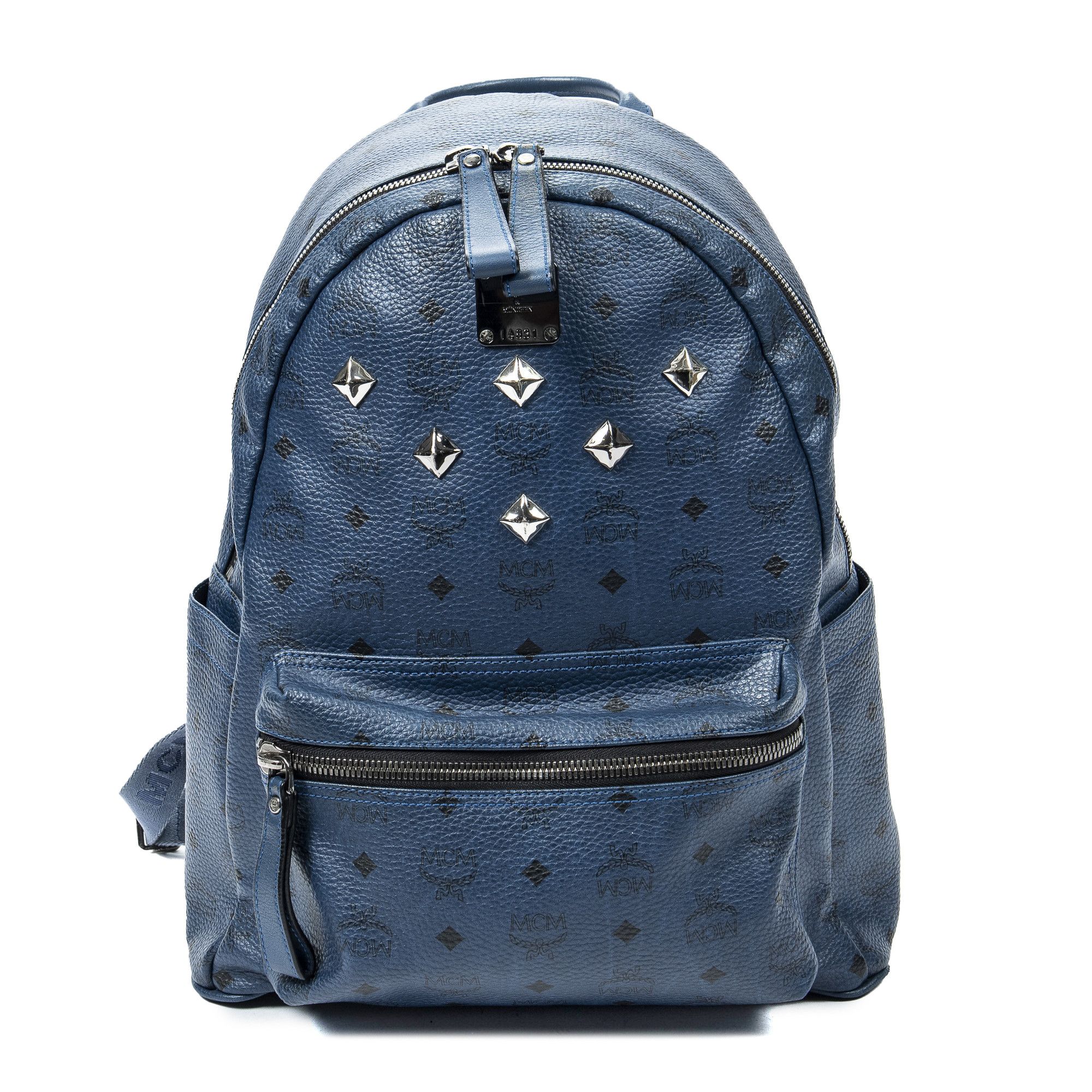 MCM Large Front Stud Stark Backpack in Blue Visetos Coated Canvas | Grailed