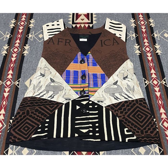 Vintage 90s African Print VEST Kente Kinte PRINT TRIBAL MASK BUTTONS ...