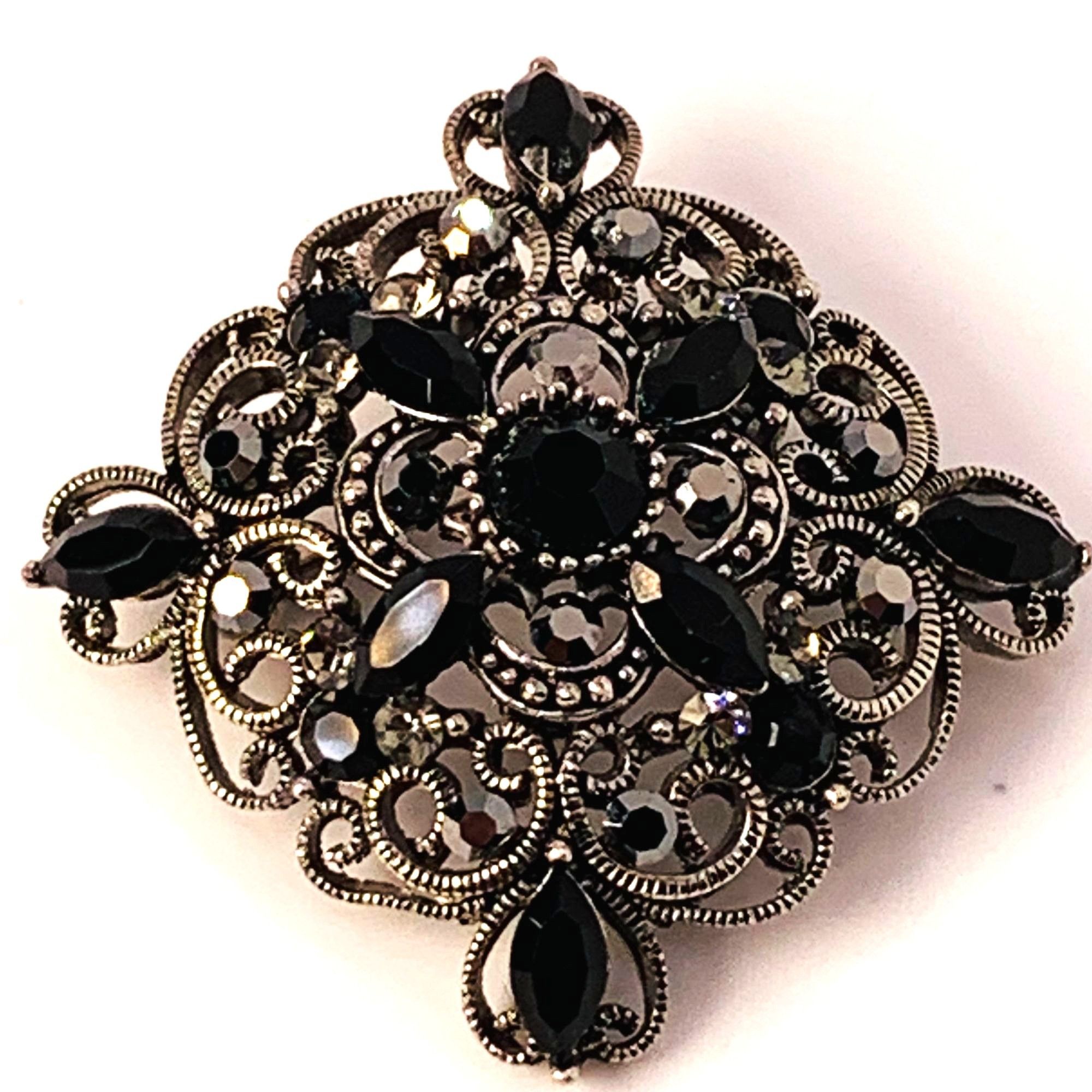 Other Vintage Black Rhinestone Brooch Silver Tone Setting Filigree
