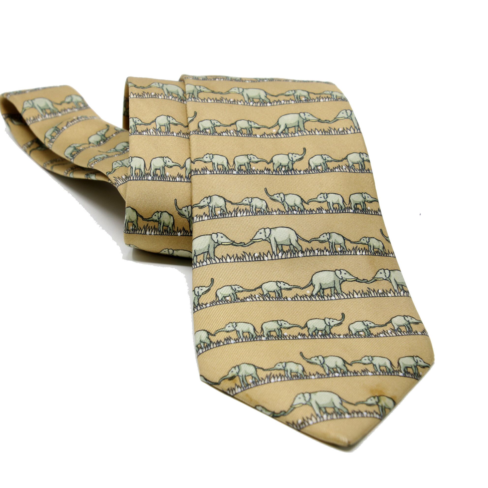 Hermes Signature Tan Yellow Silk Men's Elephant Family Luxury Tie | Grailed