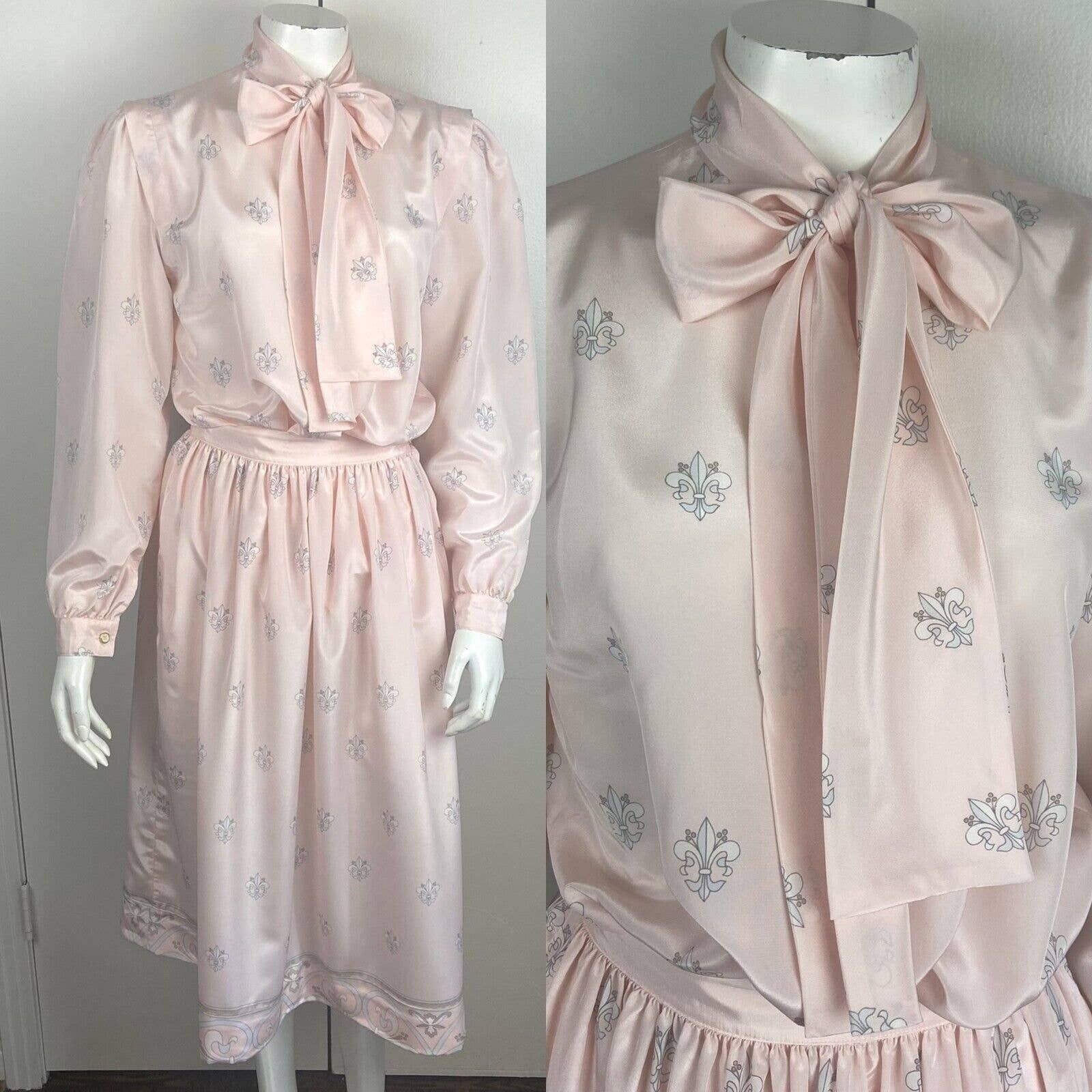 Halston Vintage 80s Halston III Pink Fleur Di Lis Bow Skirt Blouse ...