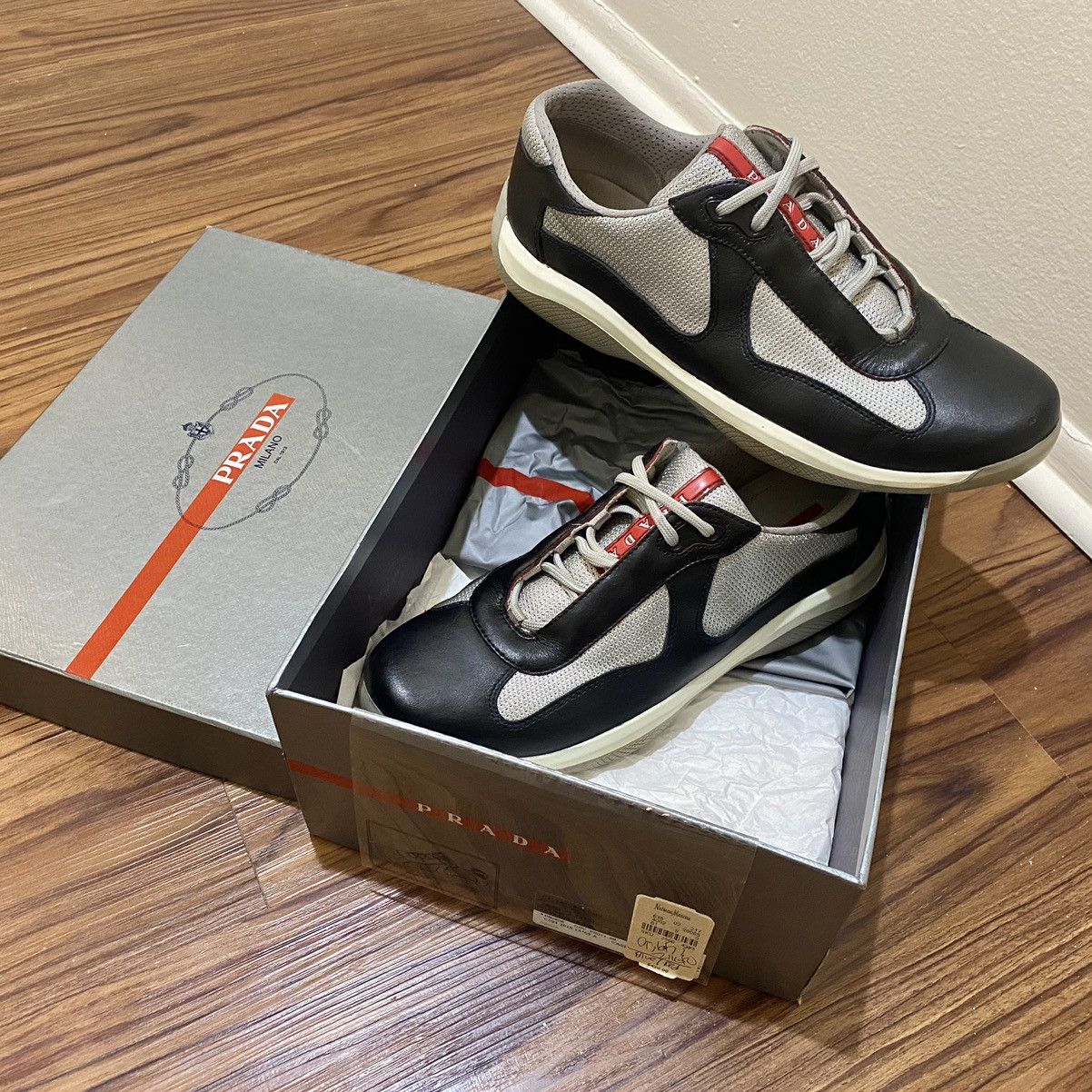 Prada 2000s RARE BLACK SILVER PRADA AMERICA CUP LOW VTG TRAINERS | Grailed