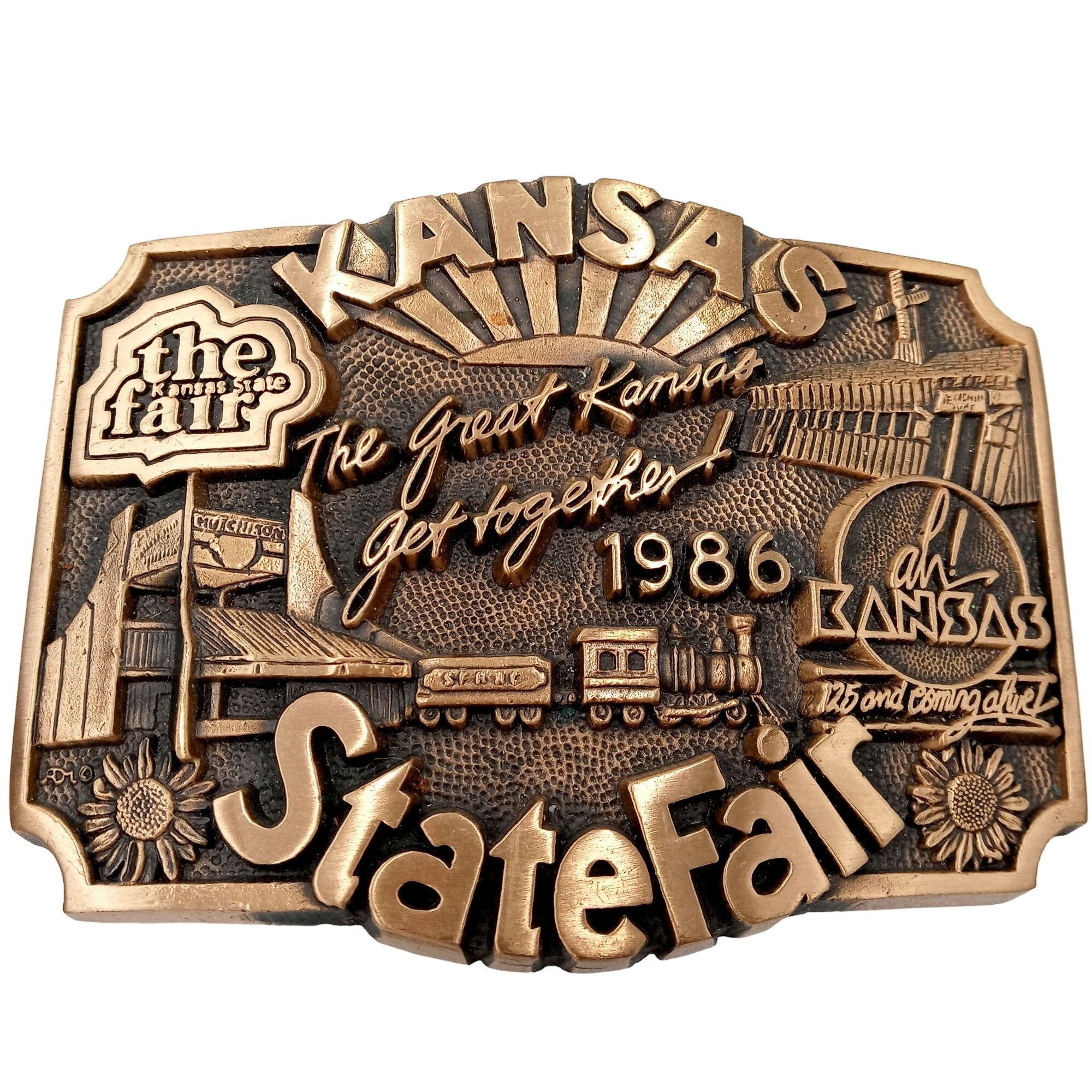 Vintage 1986 Kansas Belt Buckle State Fair Sunflower Train Carnival ...